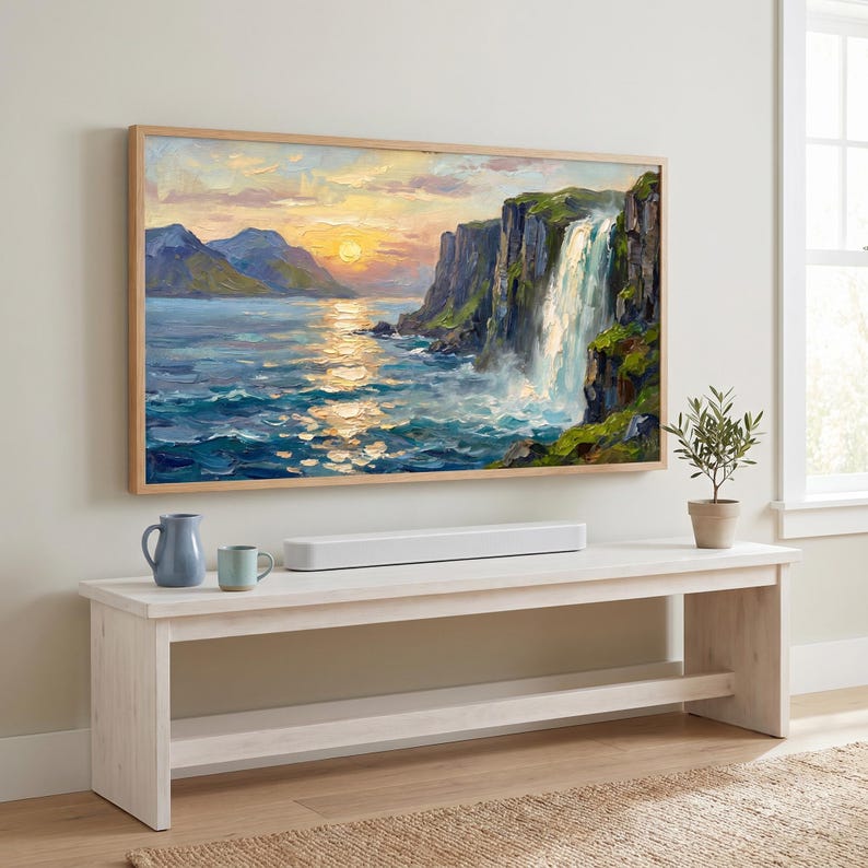 Frame TV Art Waterfall Ocean Sunset, Majestic Cliff Landscape Oil ...
