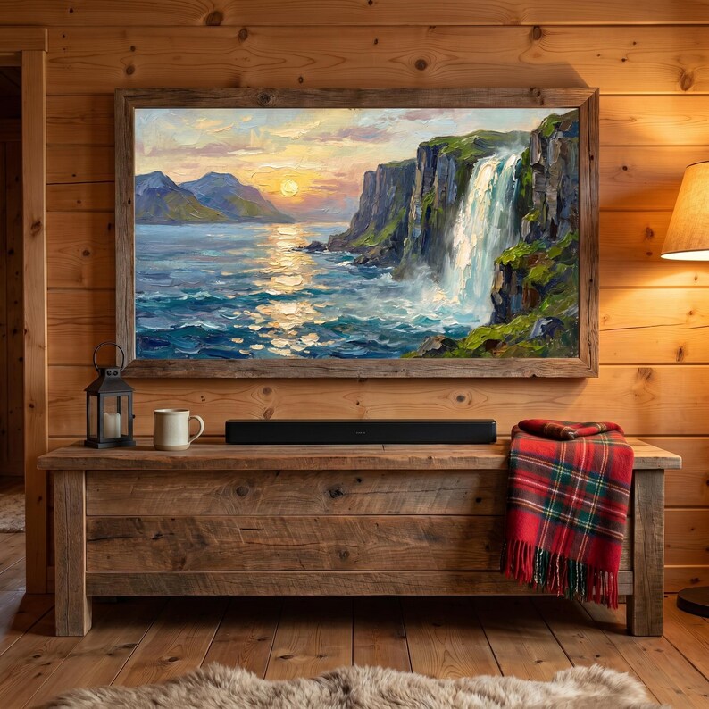 Frame TV Art Waterfall Ocean Sunset, Majestic Cliff Landscape Oil ...