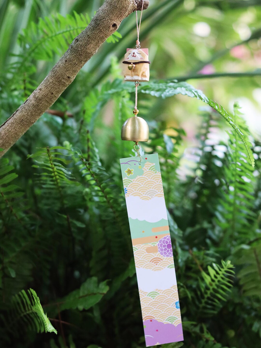 Hand-carved Wooden Cat Wind Chime With Brass Bell | Japanese Furin With ...