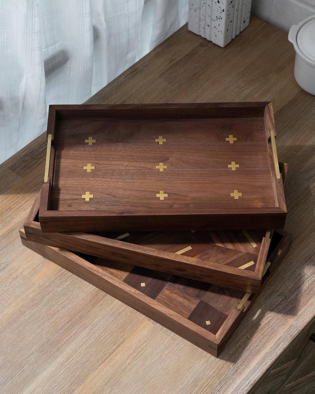 Personalized Wooden Tray With Brass Inlay, Walnut Serving Tray With ...