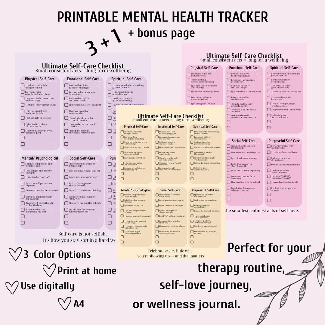 Self-care Checklist Printable | Mental Health Tracker PDF | 3 Color ...
