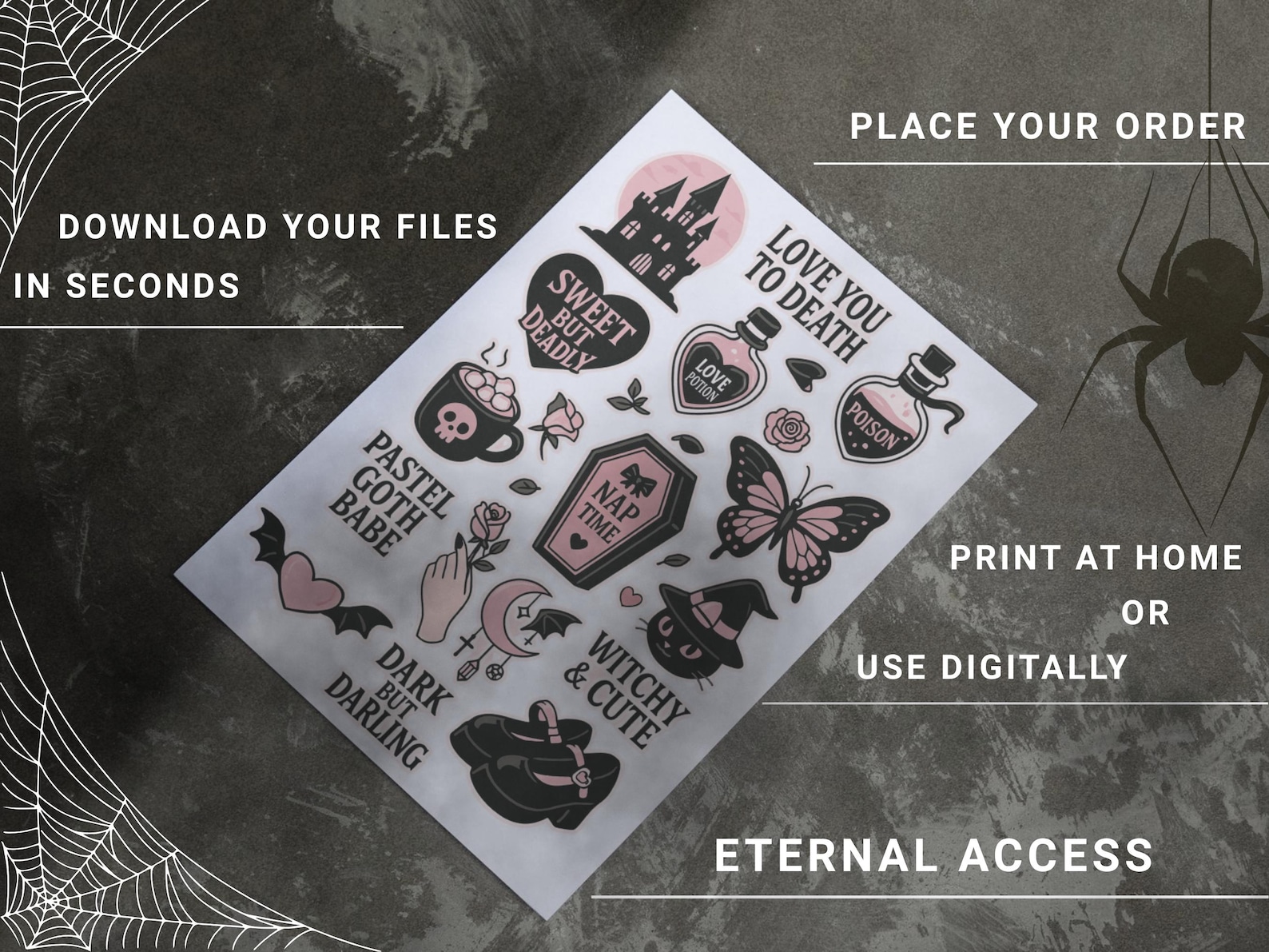 Pastel Goth Sticker Pack: Kawaii Spooky Digital Stickers (PNG Download ...