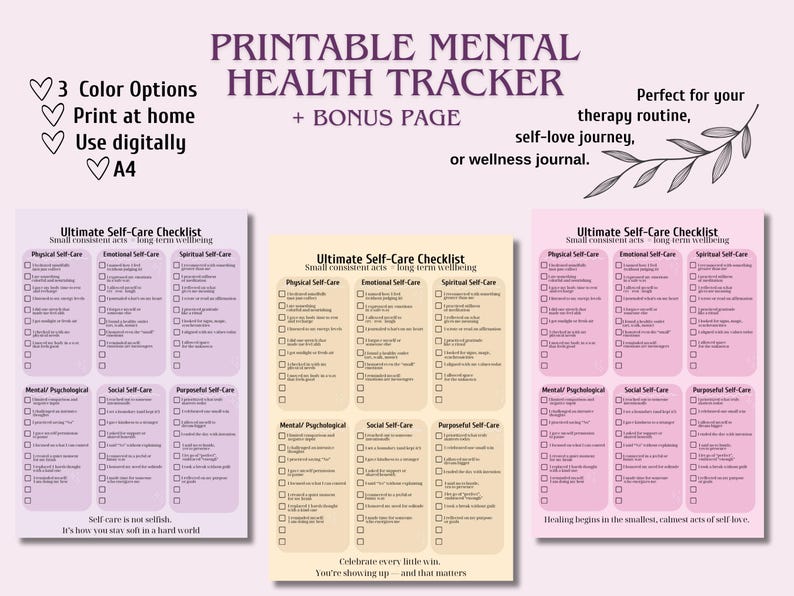 Self-care Checklist Printable: Mental Health Tracker (A4 Digital ...