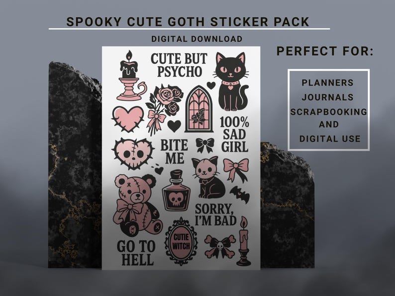 Pastel Goth Sticker Pack: Kawaii Spooky Digital Stickers (PNG Download ...