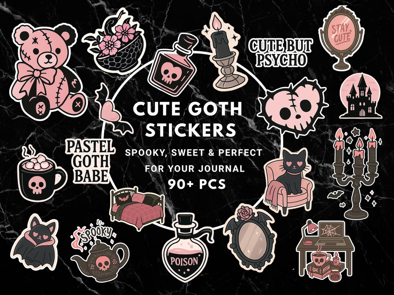 Pastel Goth Sticker Pack: Kawaii Spooky Digital Stickers (PNG Download ...