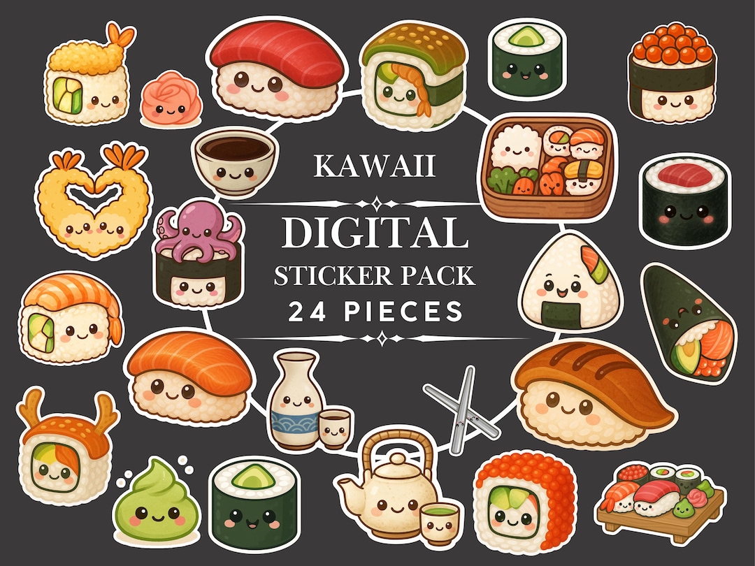 Kawaii Sushi Stickers PNG | 24 Cute Japanese Food Digital Stickers ...
