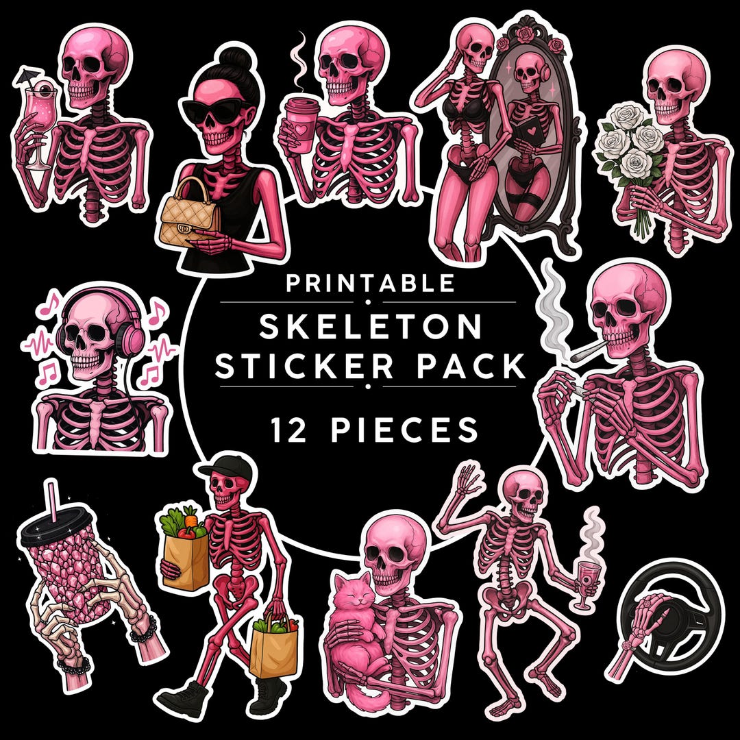 Pastel Goth Skeleton Sticker Pack | Creepy Cute Pink Gothic Digital PNG ...