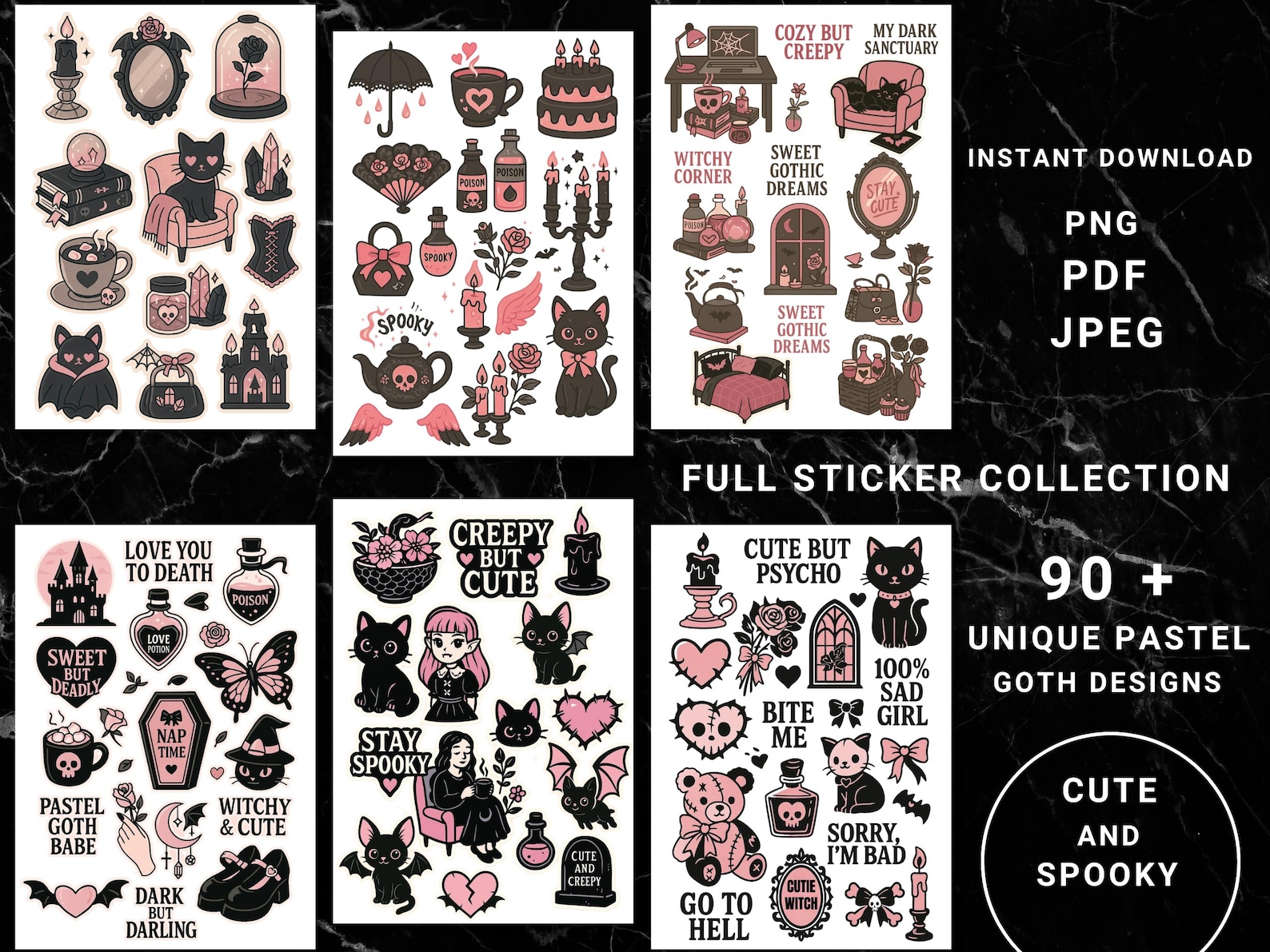 Pastel Goth Sticker Pack: Kawaii Spooky Digital Stickers (PNG Download ...