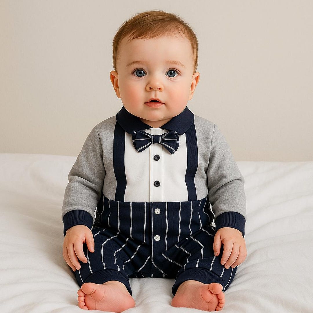 Baby Boy Tuxedo Romper: Navy Pinstripe Infant Outfit - Etsy