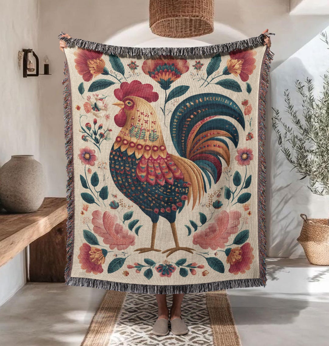 Rooster Floral Woven Blanket, Animal Lover Woven Blanket, Farmhouse ...