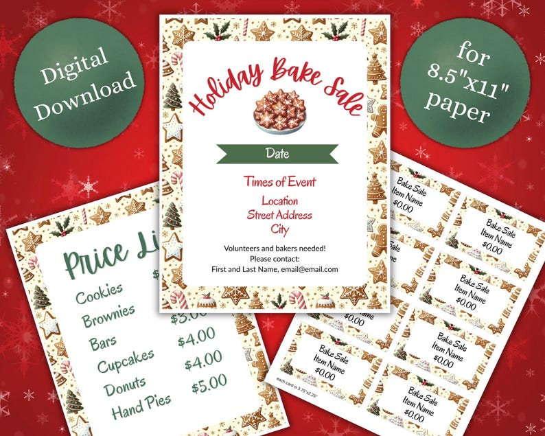 Editable Holiday Bake Sale Kit: Printable Price List, Flyer, Signs ...
