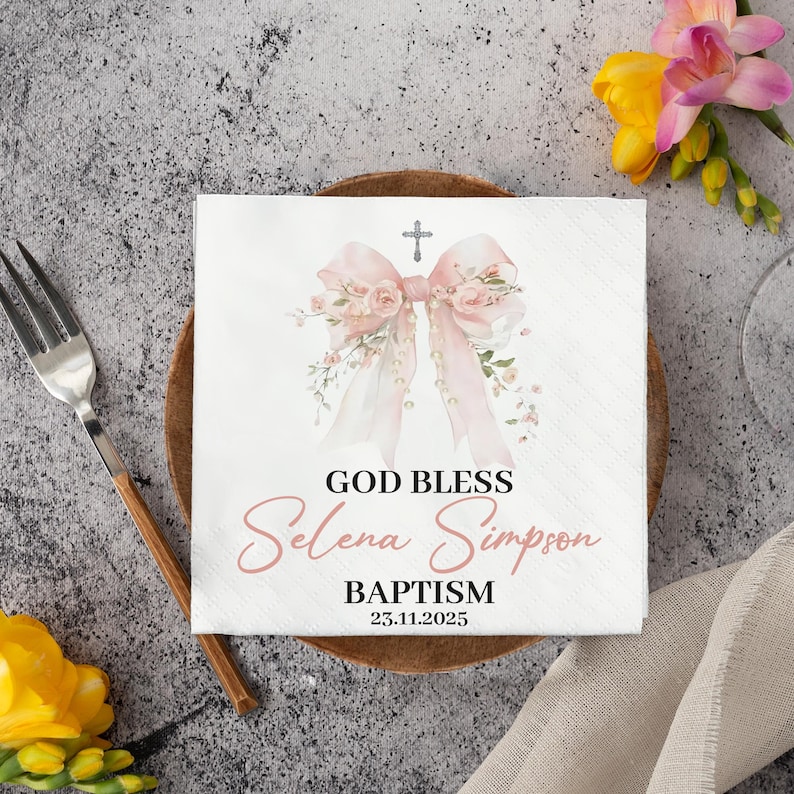 Personalized Baptism Napkins/ God Bless Napkins/ Pink Bow Baptism ...