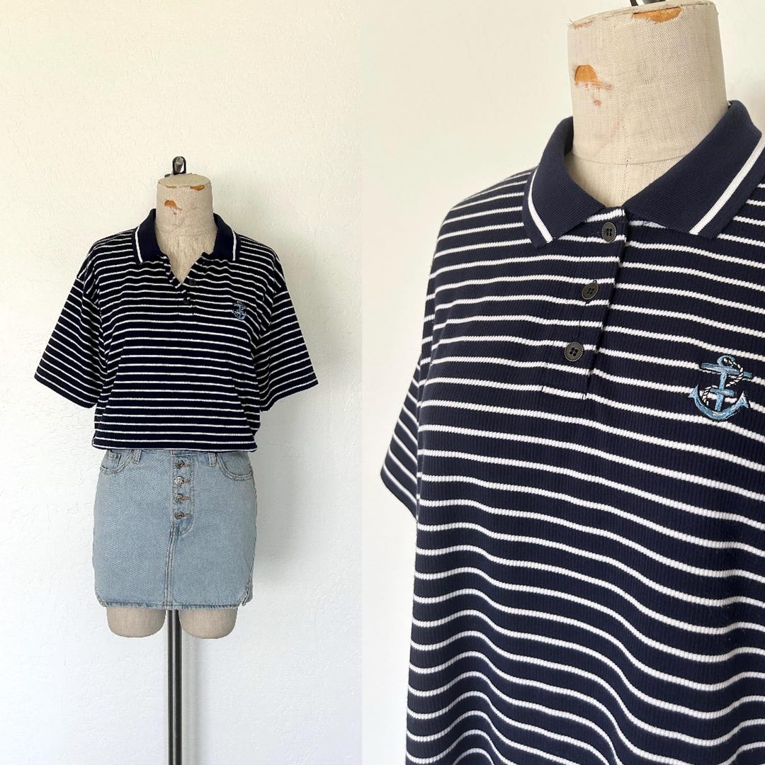 90’s/ Y2K Nautical Polo Vintage Preppy Navy Striped Yacht Style Short ...