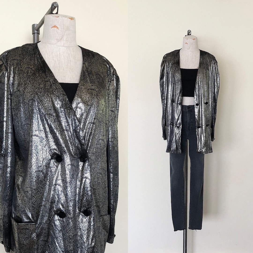 90’s Shiny Silver Blazer Vintage Glam Metallic Print Double Breasted ...