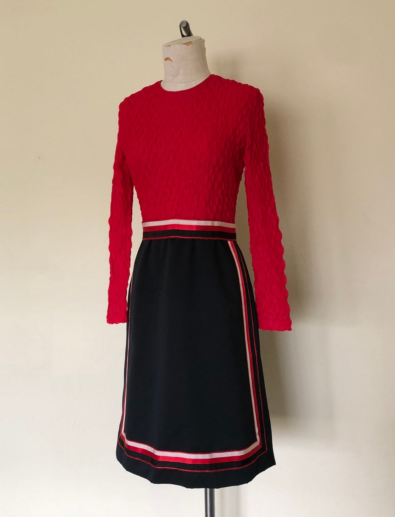 60's Mod Red Dress Vintage Red & Black Ribbon Trimmed Long Sleeved ...