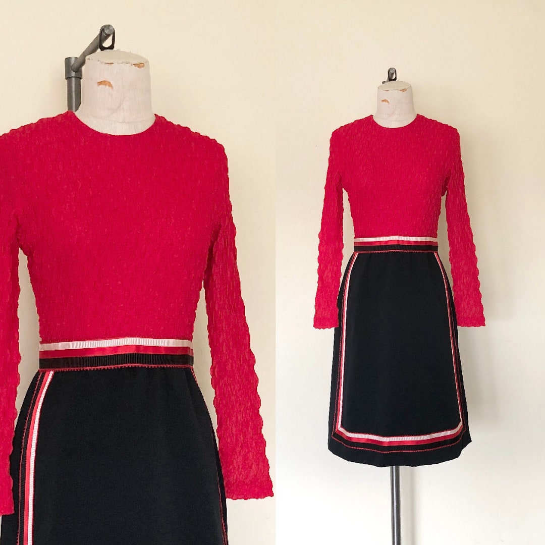 60's Mod Red Dress Vintage Red & Black Ribbon Trimmed Long Sleeved ...