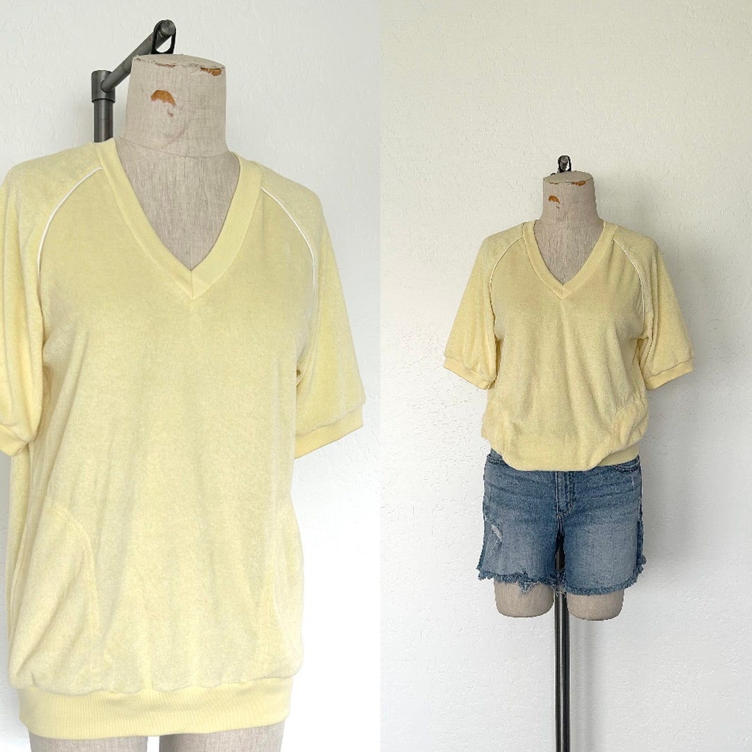 80’s Terry Cloth Shirt Vintage 1980’s Yellow V-neck Unisex Top With ...
