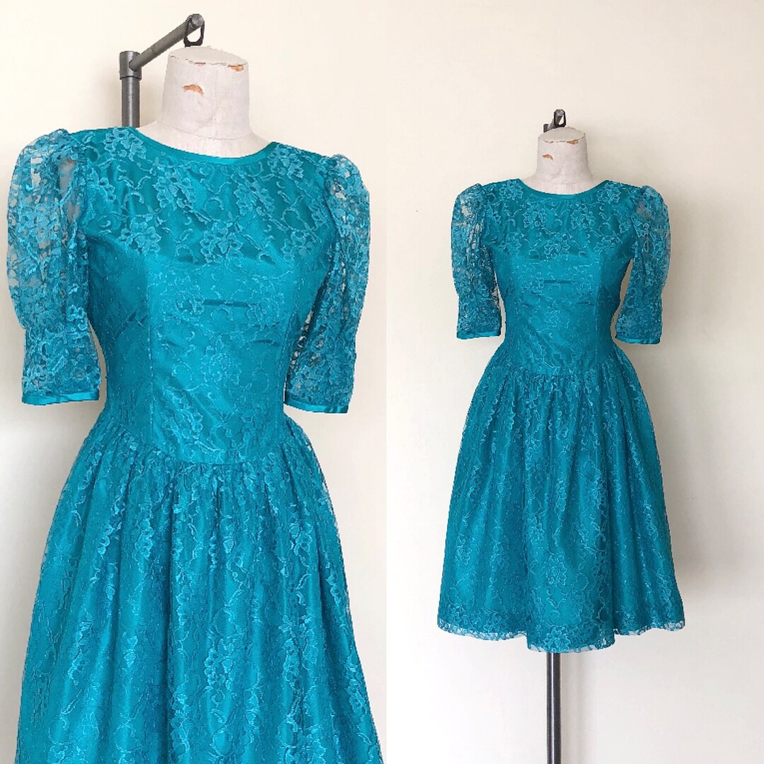 80’s Teal Lace Party Dress Vintage Puff Sleeve Turquoise Cocktail Dress ...