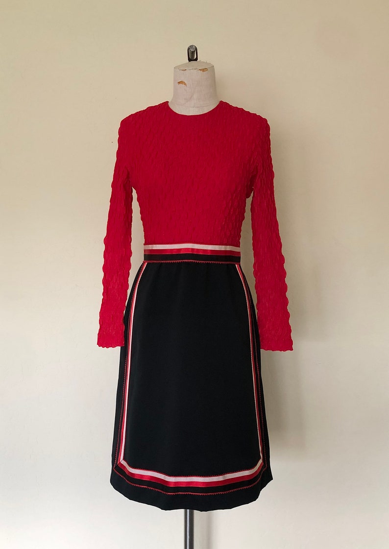 60's Mod Red Dress Vintage Red & Black Ribbon Trimmed Long Sleeved ...