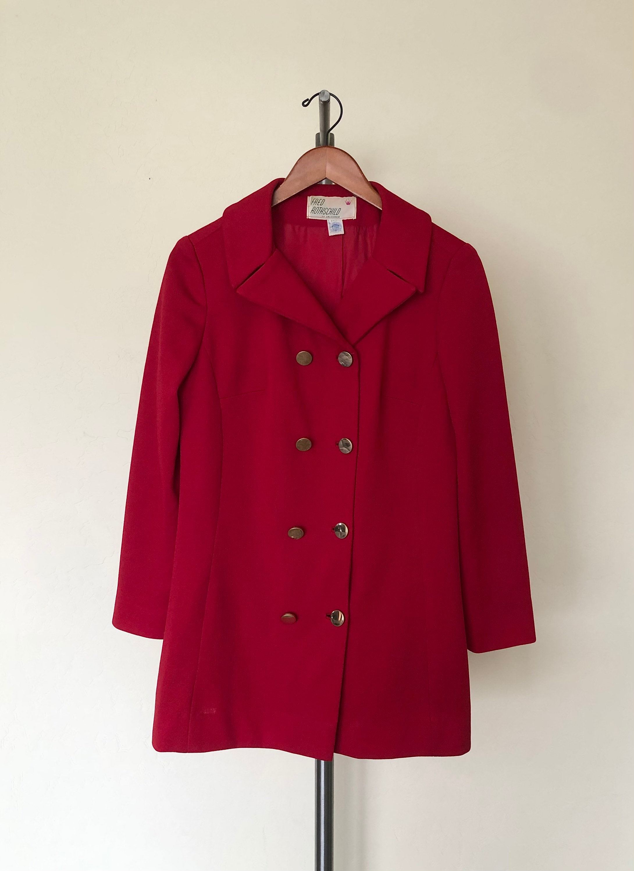 70's Red Peacoat Vintage Fred Rothschild Double Breasted Polyester Coat ...