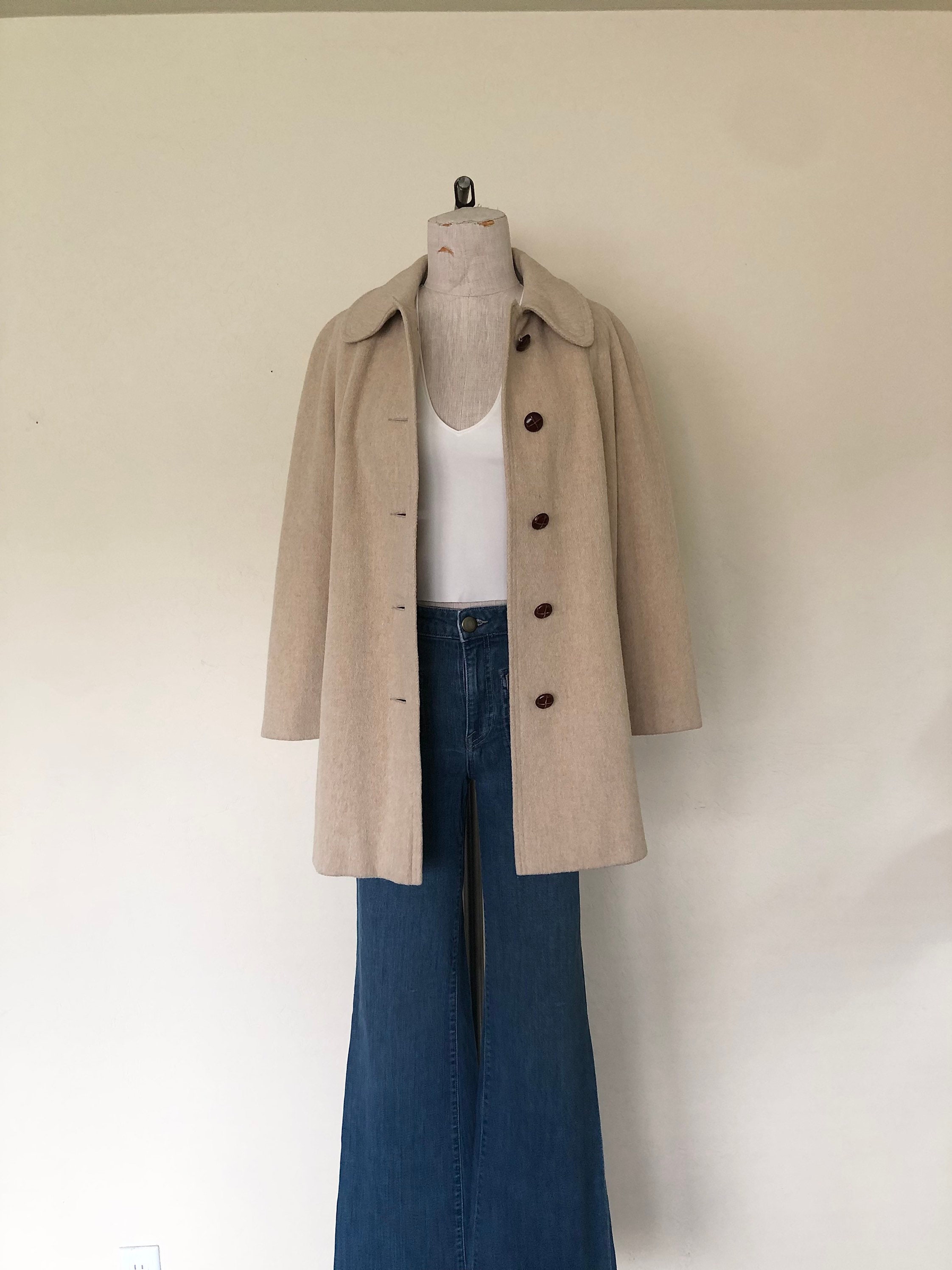 Cream Wool Peacoat Vintage 80's Tan Beige Single Breasted Button up ...