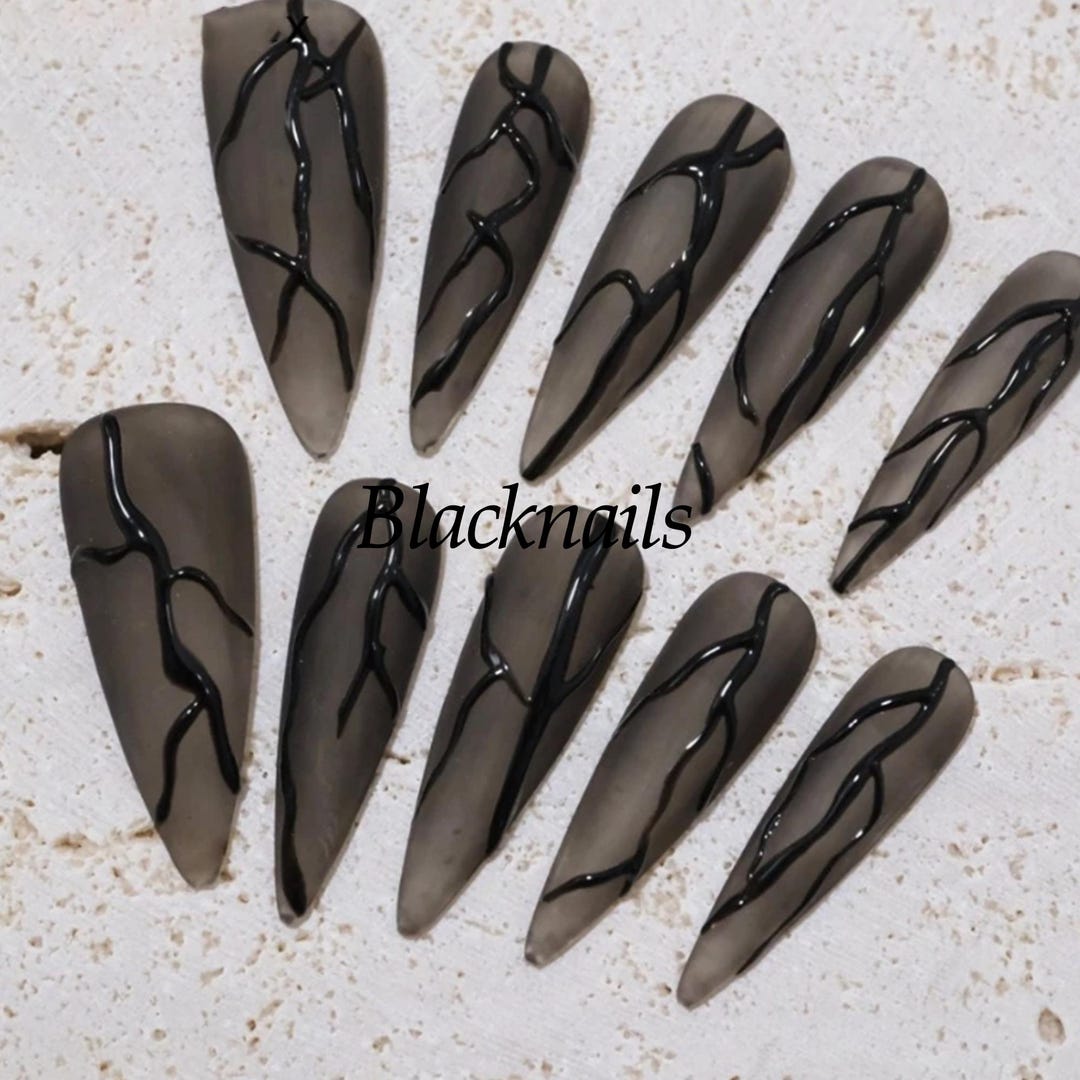 Black Dragon Tendon Press on Nails, Black Nails, Dark System Charm Snow ...