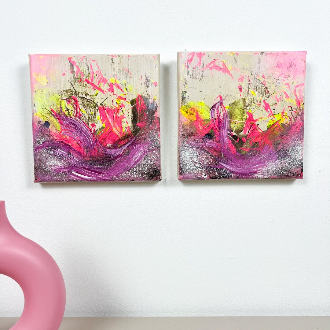 Small Size Square Acrylic Canvas Art, Vibrant Pink Yellow Abstract Home ...