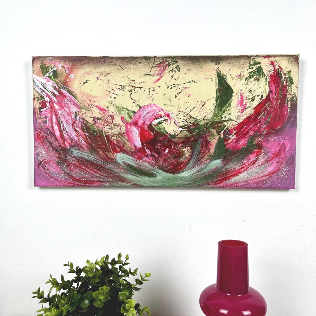 Textured Acrylic Painting: Sage Green & Red Modern Art, 11.8x23.6" - Etsy