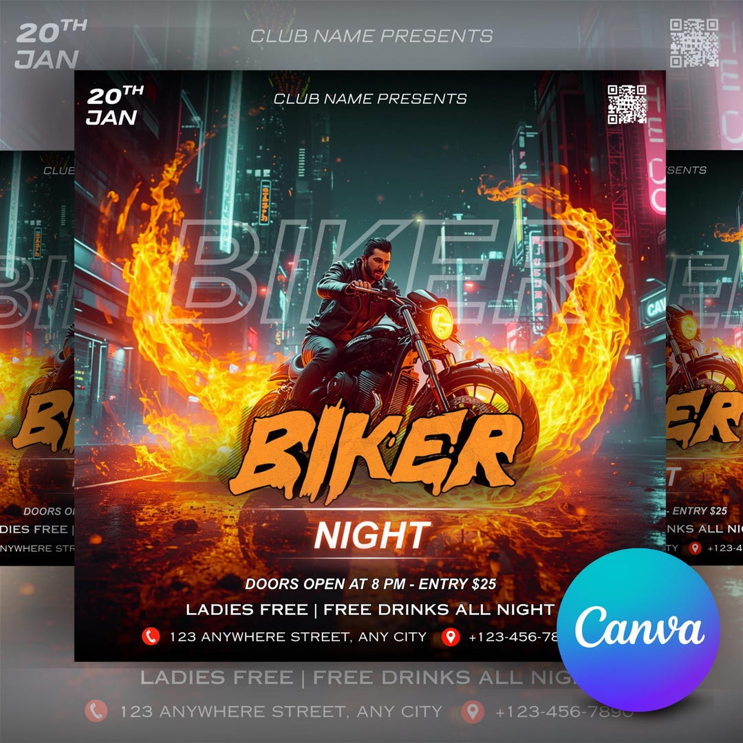 Biker Night Event Flyer Template | Editable Canva Invitation (digital ...
