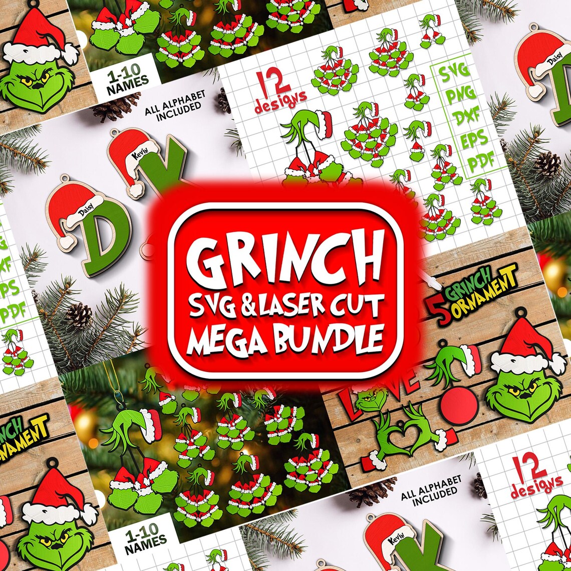 Grinch Svg Bundle Laser Cut, Grinch Face Ornament, Grinch Hand Svg, the ...