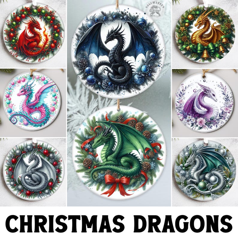 20+ Holiday Dragons Ornament Designs, Christmas Dragons Sublimation Designs, Wreath Dragon ...