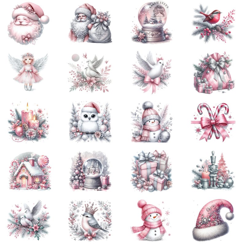 30+ Pastel Christmas Clipart Bundle, Watercolor Silver Pink Christmas ...