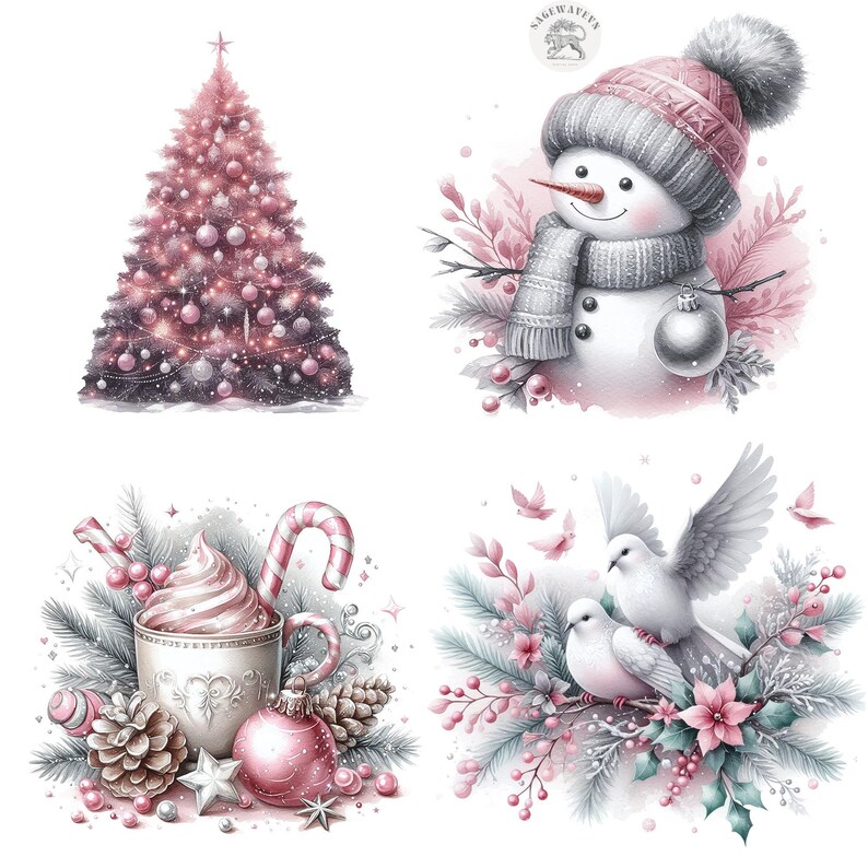 30+ Pastel Christmas Clipart Bundle, Watercolor Silver Pink Christmas ...