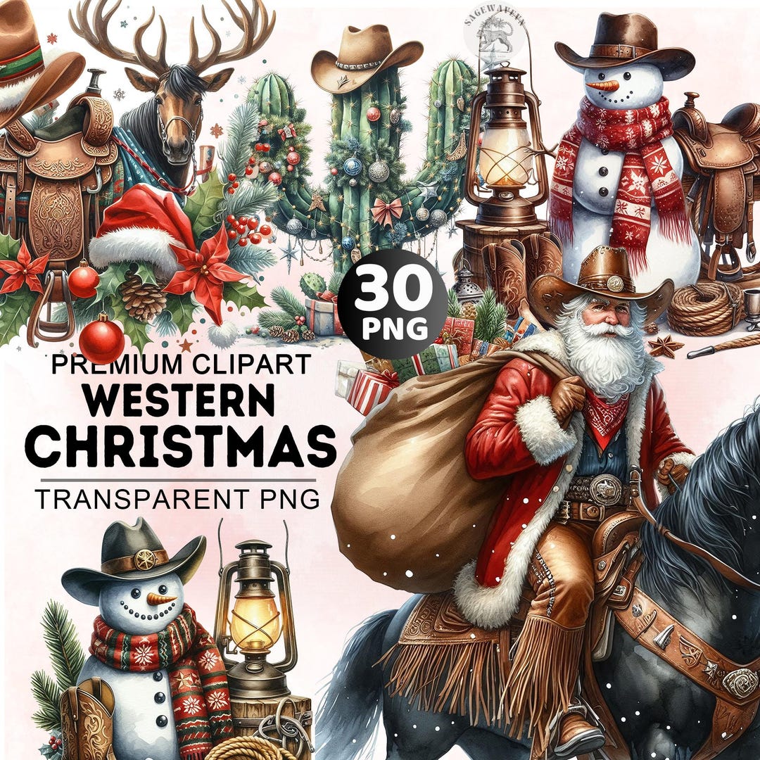 30+ Festive Rustic Holiday Clipart Bundle, Watercolor Christmas Western ...