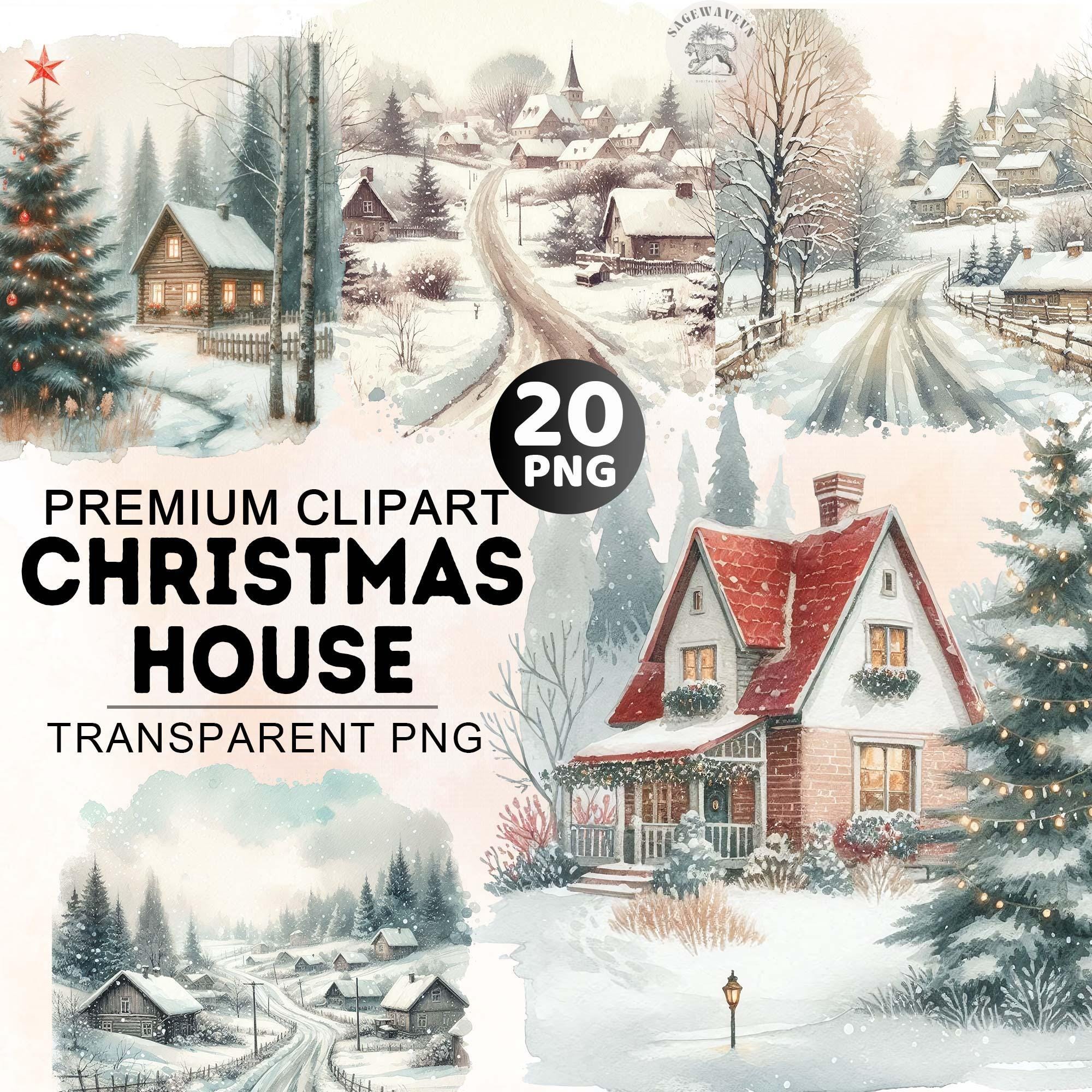 20+ Christmas Card Clipart Bundle, Watercolor Christmas House Clipart ...