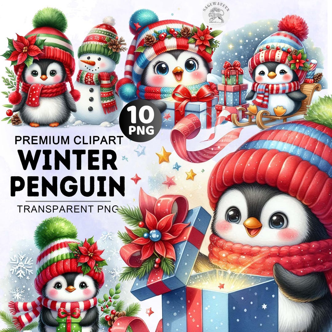 10+ Christmas Penguin Clipart Bundle, Watercolor Winter Penguin Clipart ...