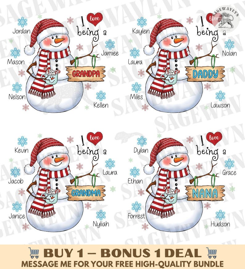 Snowman Family PNG Bundle, Personalized Christmas Design (digital ...