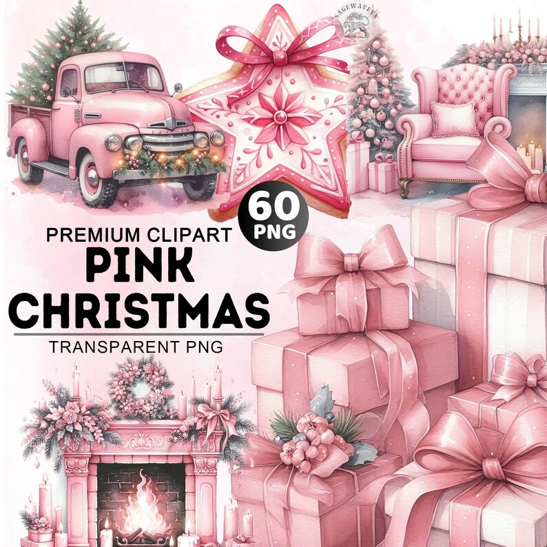 60+ Festive Holiday Clipart Bundle, Watercolor Exquisite Pink Christmas ...