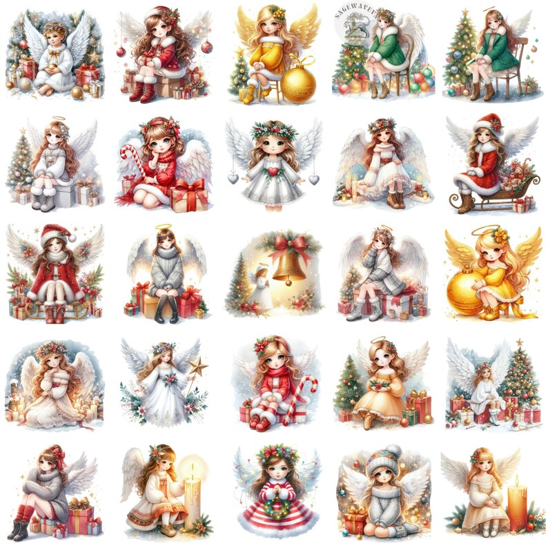 Watercolor Angel Christmas Clipart Bundle, Festive Angel Wings PNG ...