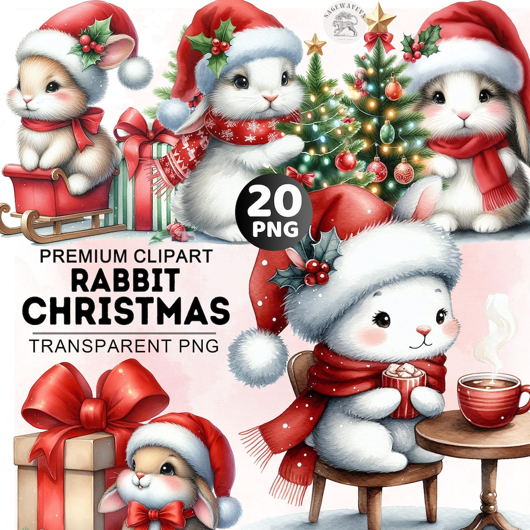 20+ Festive Bunny Clipart Bundle, Watercolor Christmas Rabbit Clipart ...