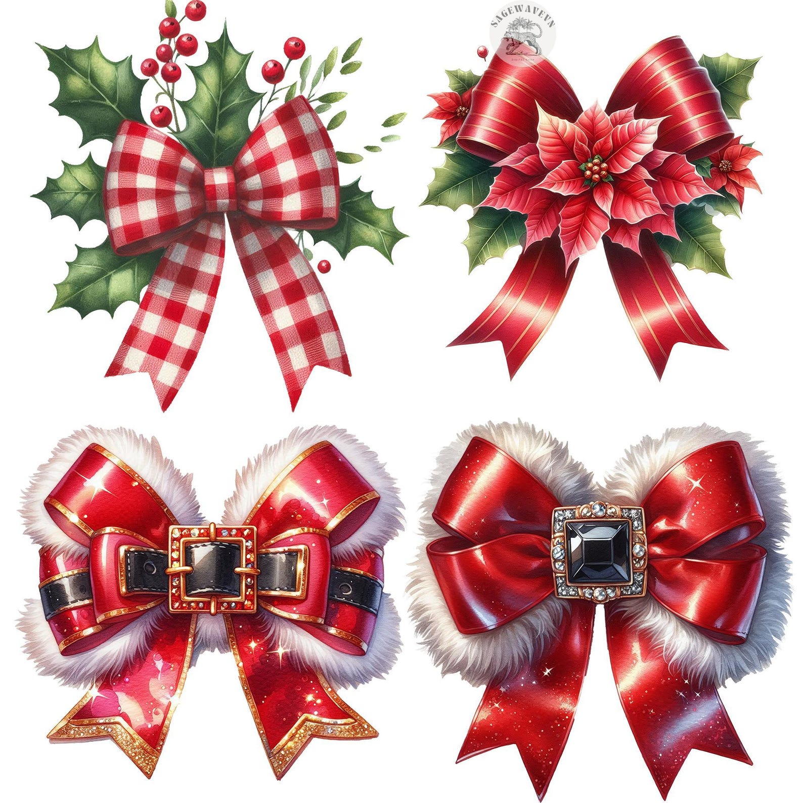 30+ Red Velvet Satin Bow Clipart Bundle, Watercolor Christmas Bows ...