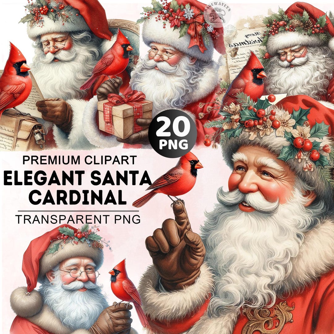 20+ Santa Claus With Cardinal Clipart Bundle, Watercolor Vintage Santa ...