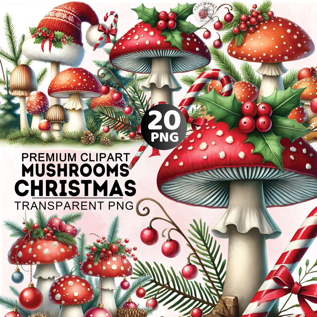 20+ Festive Mushroom Clipart Bundle, Watercolor Christmas Mushrooms ...
