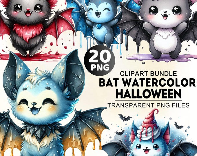 Bat Watercolor Clipart Bundle, Cute Bat Png, Creepy Cute Clipart ...