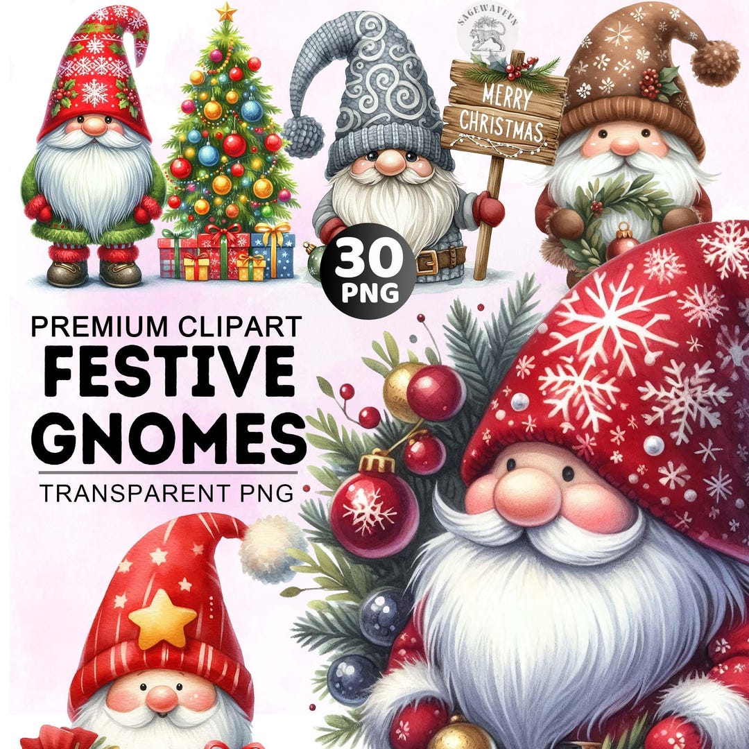 30+ Christmas Gnomes Clipart Bundle, Watercolor Festive Gnomes Clipart ...