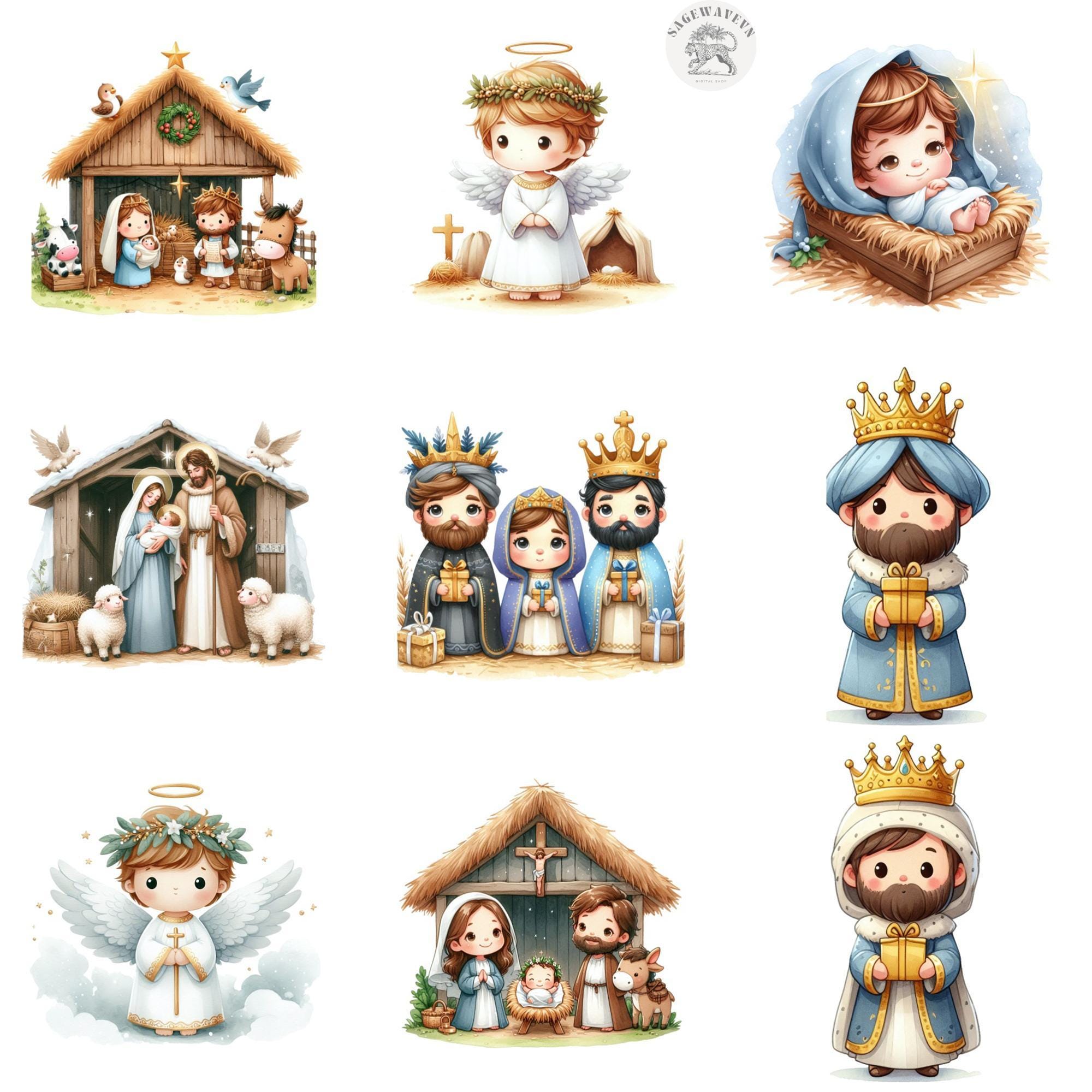 20+ Xmas Jesus Birth Clipart Bundle, Watercolor Cute Nativity Scene ...