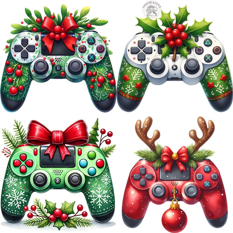 20+ Festive Gaming Clipart Bundle, Watercolor Christmas Game Controller ...