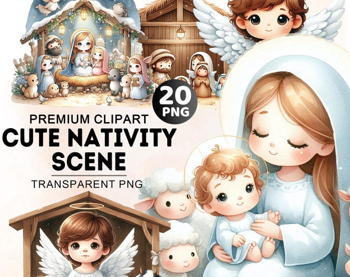 20+ Xmas Jesus Birth Clipart Bundle, Watercolor Cute Nativity Scene ...