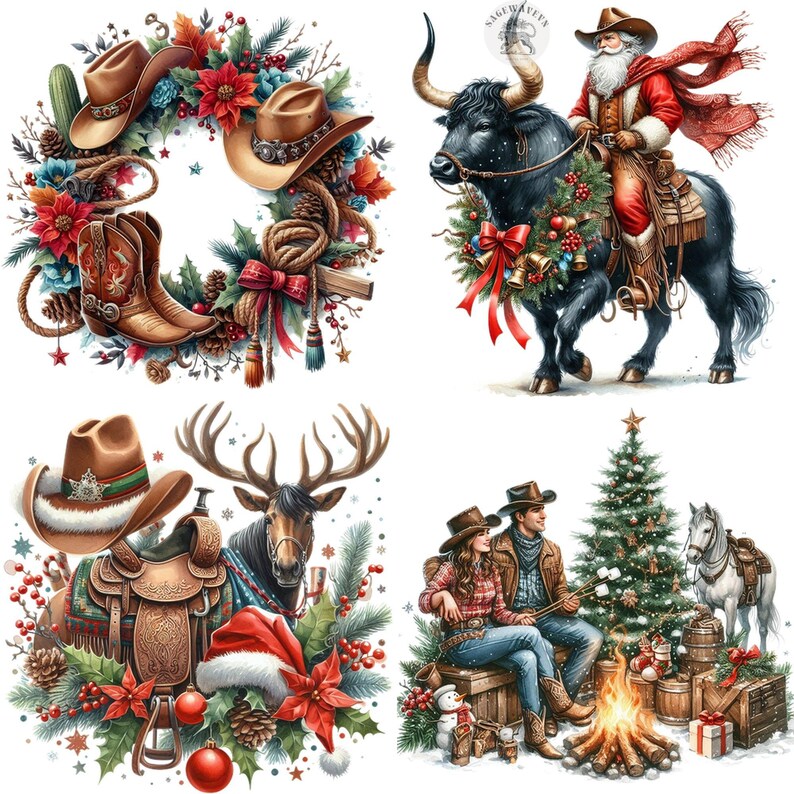 30+ Festive Rustic Holiday Clipart Bundle, Watercolor Christmas Western ...