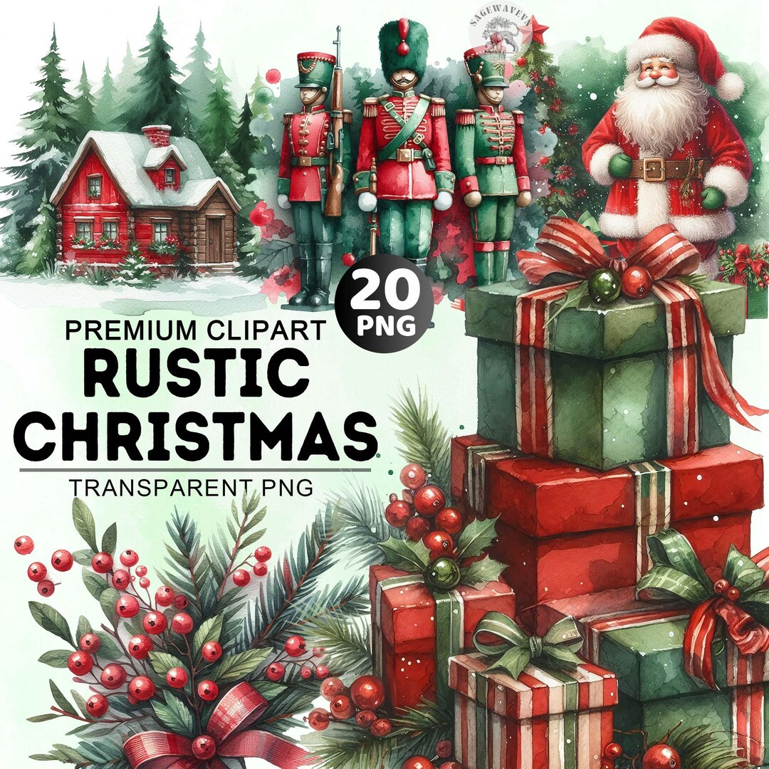 20+ Traditional Christmas Clipart Bundle, Watercolor Rustic Red Green ...